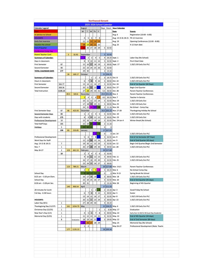 Northwood-Kensett - 2025-2026 School Calendar